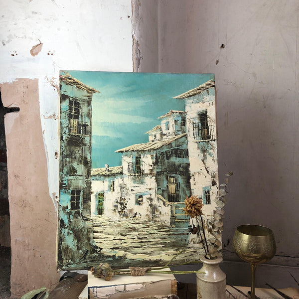 Mid Century Oil Painting on Canvas, Greek Street Scene – The Blind Mole