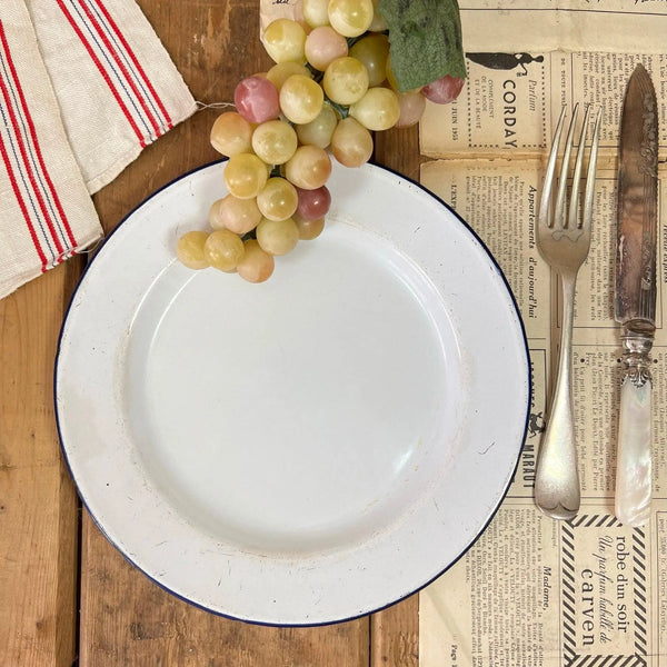 Vintage Enamel White & Blue Plate with wide rim 22cm – The Blind Mole